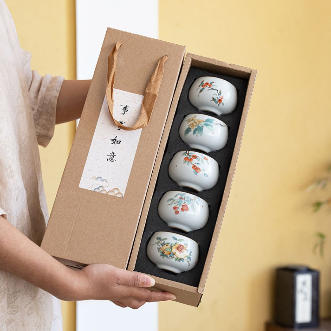 Hand-painted Persimmon Ru Ware Tea Cup Set - China Tea Spirit