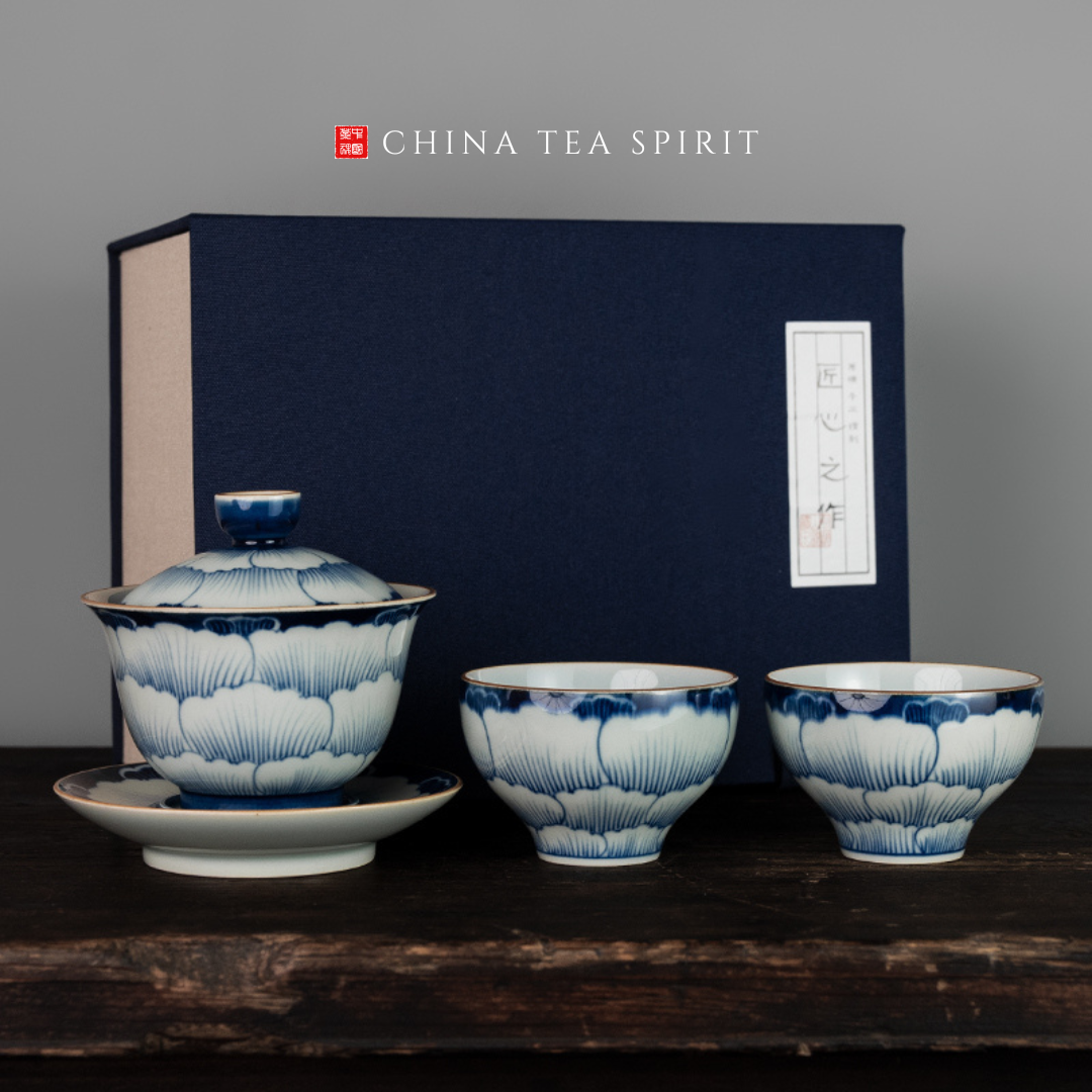 Handmade Vintage Ceramics Qinghua Peony Gaiwan Tea Set - China Tea Spirit