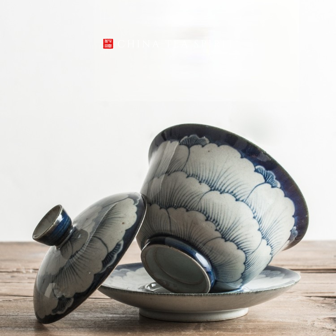Handmade Vintage Ceramics Qinghua Peony Gaiwan Tea Set - China Tea Spirit