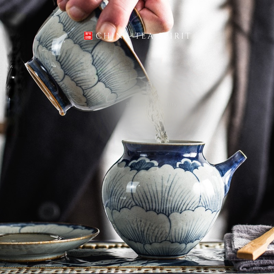 Handmade Vintage Ceramics Qinghua Peony Gaiwan Tea Set - China Tea Spirit