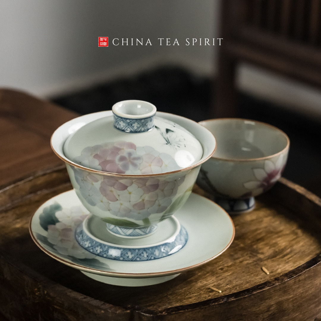 Hand-painted Vintage Ceramics Butterfly dance in hydrangea Gaiwan Tea ...