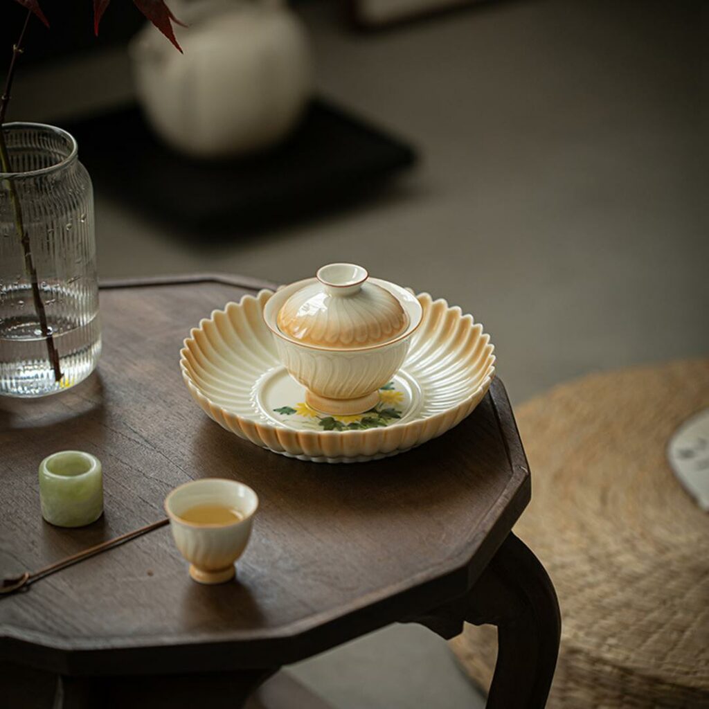 Vintage Ceramic Flower Petal Pattern Gradient Yellow Gaiwan - China Tea ...