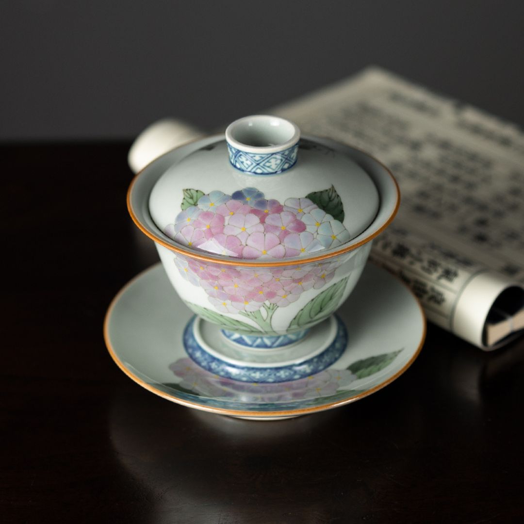 Hand-painted Vintage Ceramics Butterfly dance in hydrangea Gaiwan Tea ...