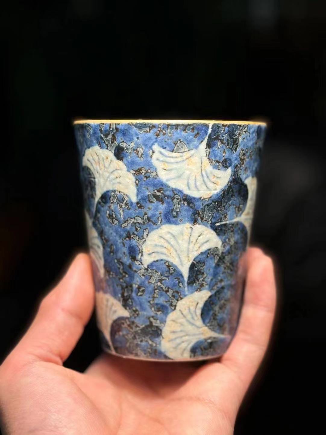 Handmade Ceramic Blue Ginkgo Leaf Green Tea 280ml Tea Cola Coffee Cup ...